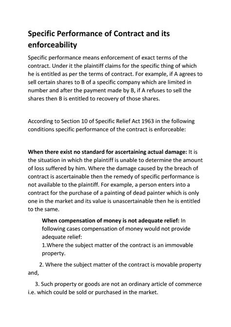 Specific Performance Of Contract And Its Enforceability Specific Performance Of Contract And