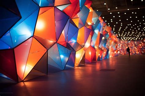 Abstract Art Installation Featuring Dynamic Geometric Patterns And Vivid Light Displays Stock