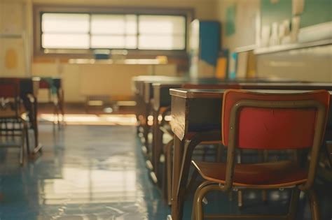 Premium Photo Deserted Elementary Classroom With Blurry Desks And