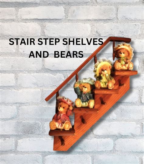 Vintage Stair Step Shelf With 4 Darling Bears Display Wall Hanging 4
