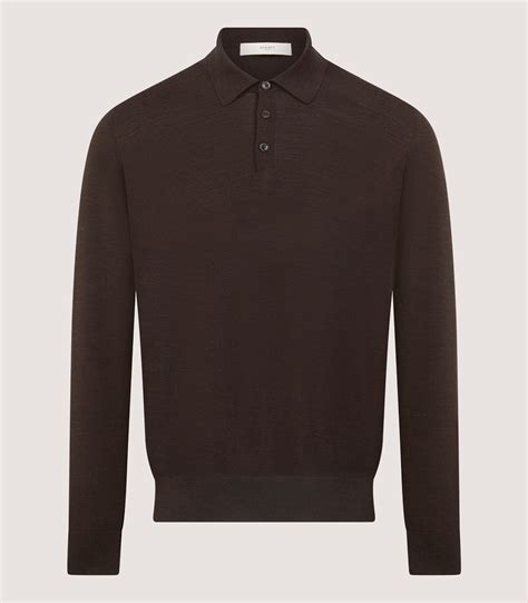 Mens Lightweight Travel Merino Long Sleeve Polo In Chocolate Purdey