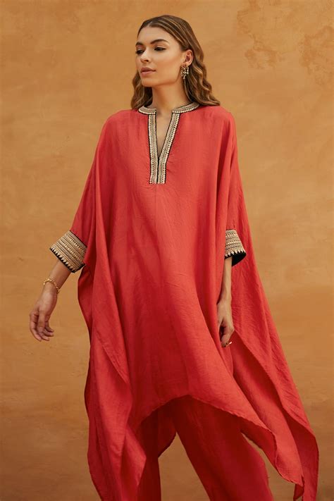 Buy Red Silk Hand Embroidered Marodi And Sequin Work V Kaftan And Pant