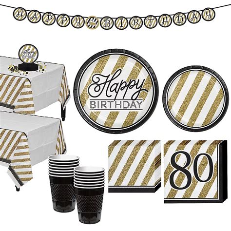 White And Gold Striped 80th Birthday Party Kit For 16 Guests Birthday
