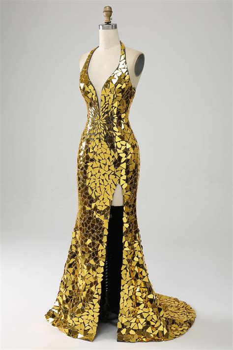 Zapaka Women Golden Prom Dress Mermaid Halter Deep V Neck Backless