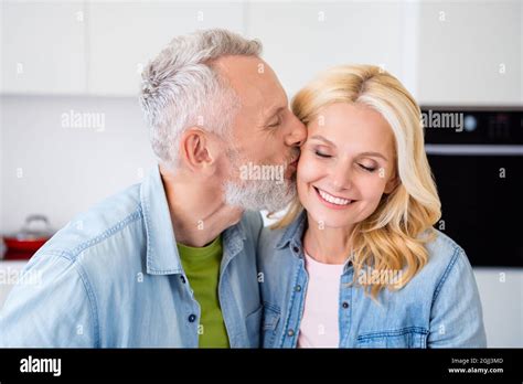 Portrait Of Lovely Cute Dreamy Couple Mature People Enjoy Weekend Free Time Affectionate Husband