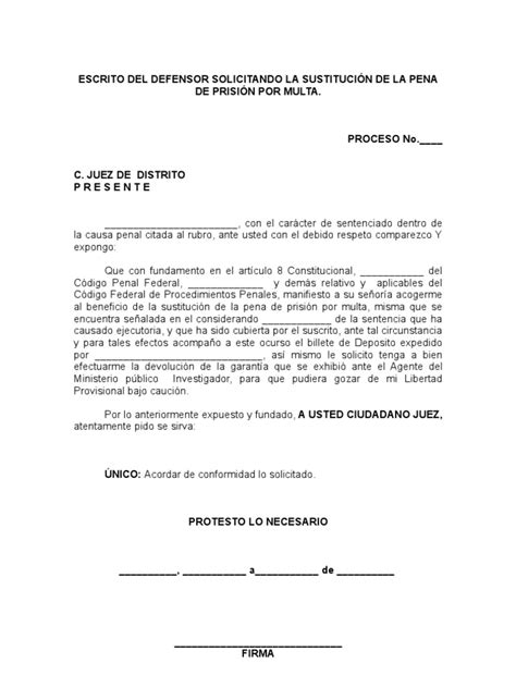 Escrito Del Defensor Solicitando La SustituciÓn De La Pena De PrisiÓn