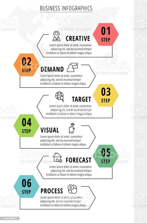 6 육각형이있는 벡터 인포 그래픽 선 화살표 차트 프로세스 템플릿에 아이콘이 있습니다 회사 또는 기업 비즈니스 프로젝트를 위한 최신 타임라인 0명에 대한 스톡 벡터 아트 및