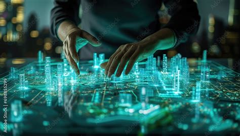 Planner S Hands Manipulating A 3D Holographic Model Of A Smart City