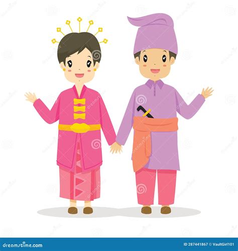 Cute Couple Wearing Riau Indonesia Traditional Dress Vector Stock