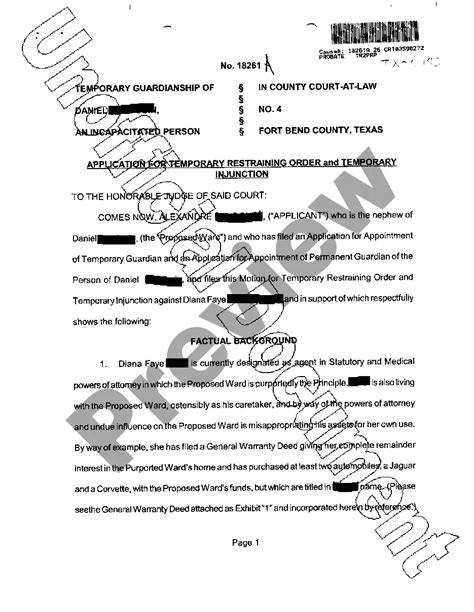 Texas Application For Temporary Restraining Order And Temporary