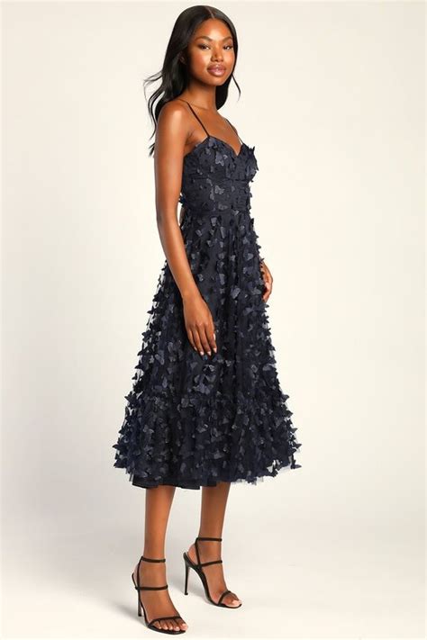 Time To Fly Navy Blue Butterfly Lace Up Midi Dress Wedding Guest