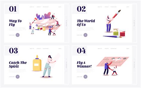 항공기 모델링 방문 페이지 템플릿 집합입니다 거대한 비행기 모델을 조립하고 페인팅하는 작은 캐릭터 계획 아버지와 아들 창조적 인 취미를 사용하여 프로펠러를 넣어 만화 사람들