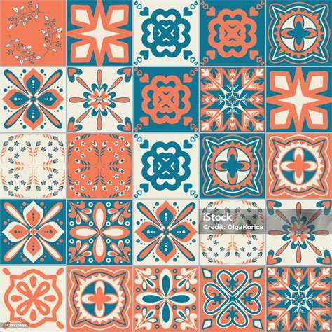 사각형 패턴의 세라믹 타일 오렌지 블루 색상 트렌디 한 패치 워크 세라믹 타일 0명에 대한 스톡 벡터 아트 및 기타 이미지 0명 고풍스런 기하 도형 Istock