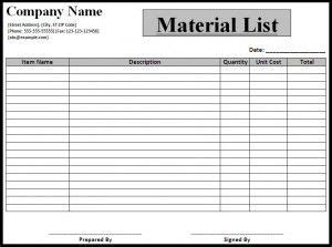 Material List Template X Word Template List Template Checklist Template
