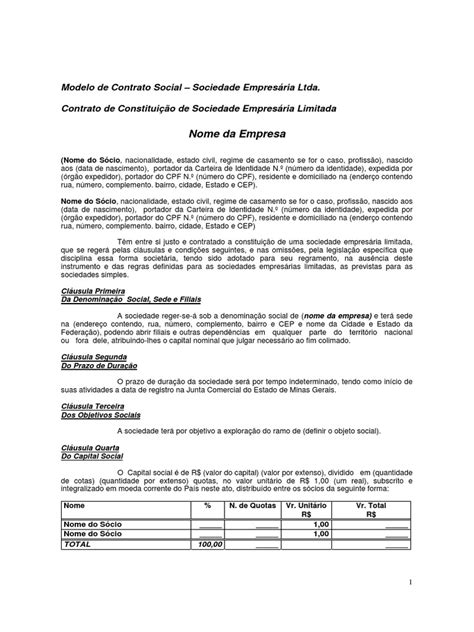 Exemplo De Contrato Social Sociedade Limitada Novo Ex