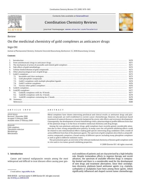 On The Medicinal Chemistry Of Gold Complexes As Anticancer Drugs Pdf