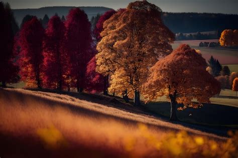 Premium AI Image A Field Of Trees With Fall Colors In The Background