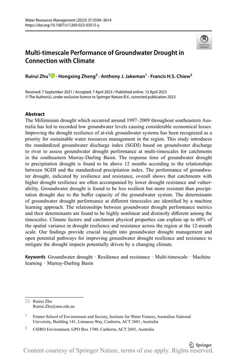 Multi Timescale Performance Of Groundwater Drought In Connection With Climate Request Pdf