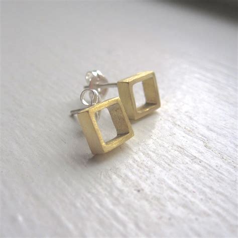 Open Gold Colored Brass Cube Earrings Square Stud Earring