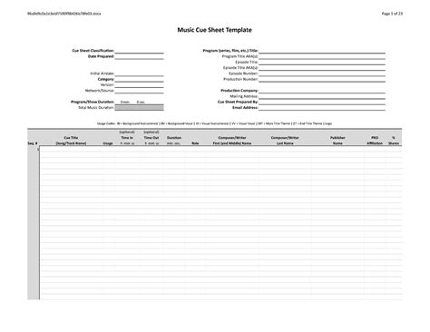 Music Cue Sheet Template Prntbl Concejomunicipaldechinu Gov Co