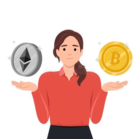 Young Woman Hold Bitcoin And Etherium Coin Sign In Hand Person With
