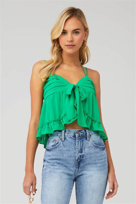 Wayf Knotted Cami Top Crinkle Georgette In Green Fashionpass