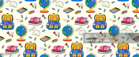 복고풍 플랫 스타일의 학용품과 완벽 한 패턴 재미있는 손으로 그린 학교 가방 지구본 책 더미 크리 에이 티브 연필 종이 클립 및