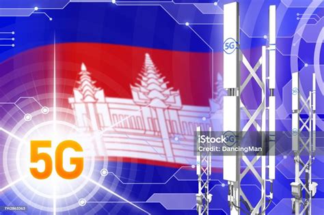 캄보디아 5g 산업 그림 국기와 함께 디지털 배경에 큰 셀룰러 네트워크 마스트 또는 타워3d 그림 0명에 대한 스톡 사진 및