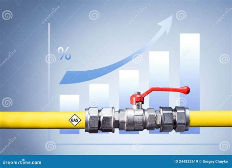 Yellow Gas Pipeline With Valve And Grath Of Growing Gas Prices Stock