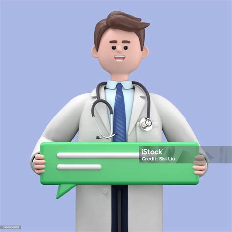 링컨 박사의 3d 그림은 흰색 배경 위에 분리된 텍스트 거품 구름 아이콘을 들고 있다 소셜 네트워크 메시지 개념입니다 파란색 배경에 분리된 의료 프레젠테이션 클립 아트입니다