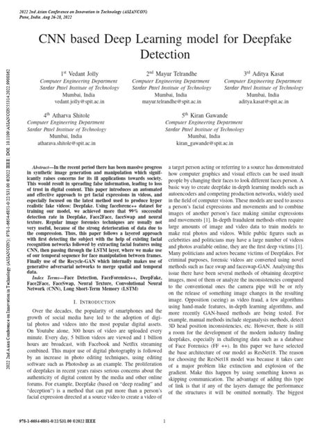 Cnn Based Deep Learning Model For Deepfake Detection Pdf Artificial