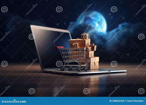 Shopping Cart Shipping Cardboard Box Laptop As Background E Commerce