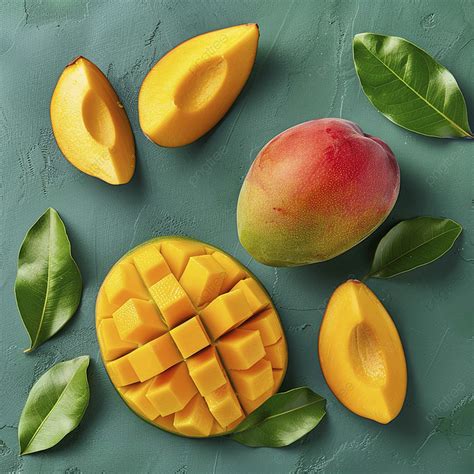 녹색 배경에 잎이 있는 익은 망고 익은 망고 나뭇잎 배경 일러스트 및 사진 무료 다운로드 Pngtree