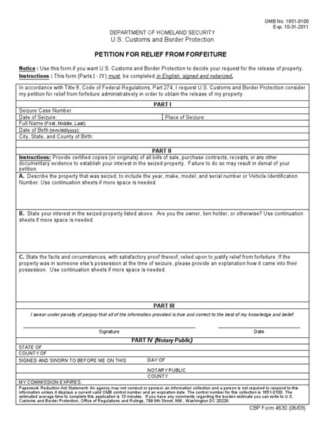 Us Customs Form Cbp Form 4630 Petition For Relief From Forfeiture