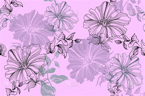 矢量绘画插图四方连续纹样矮牵牛花紫色背景玫瑰请柬菜园纺织品春天