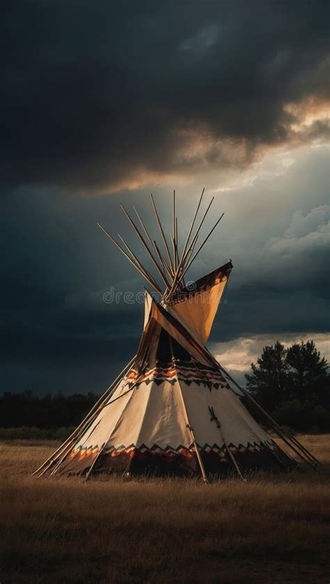 Traditional Teepee Set Against Dramatic Cloudy Sky Indigenous Design Patterns Visible Stock