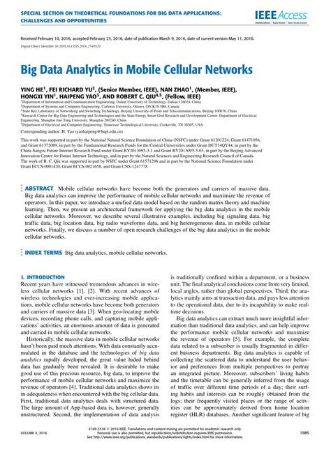 Pdf Big Data Analytics In Mobile Cellular Networks