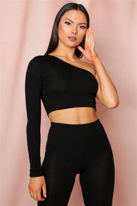 One Shoulder Long Sleeve Crop Top Misspap Uk Crop Top Outfits Black Long Sleeve Crop Top