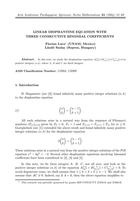 Pdf Linear Diophantine Equation With Three Consecutive Binomial Coefficients