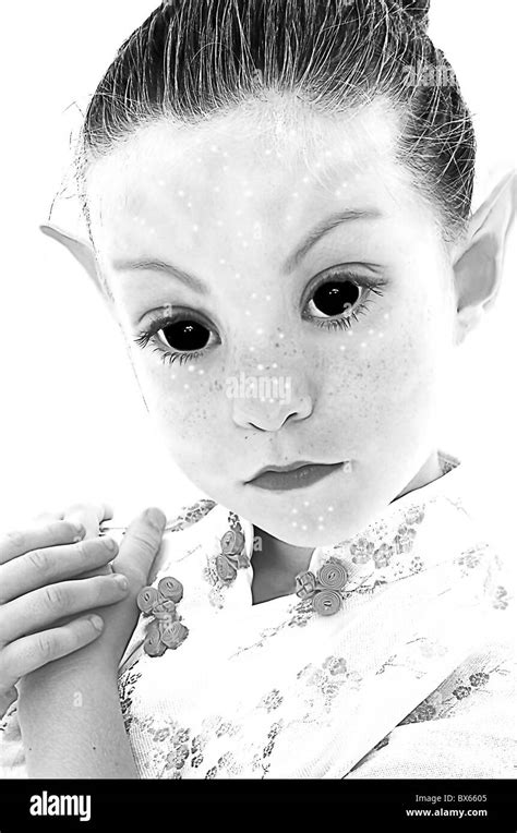 Illustration Photograph Of Black And White Alien Girl Over White Stock