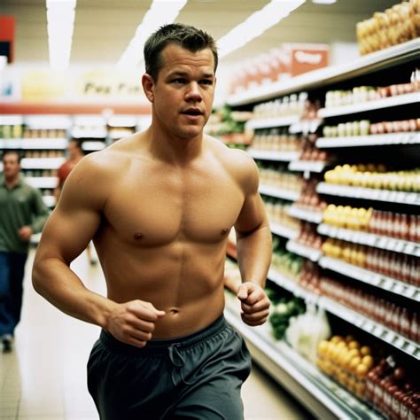 Emaciated Matt Damon Jogging Shirtless Through A Grocery Store Prompts