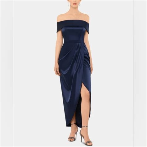 Xscape Stretch Satin Off The Shoulder Gown Navy 10 Gem