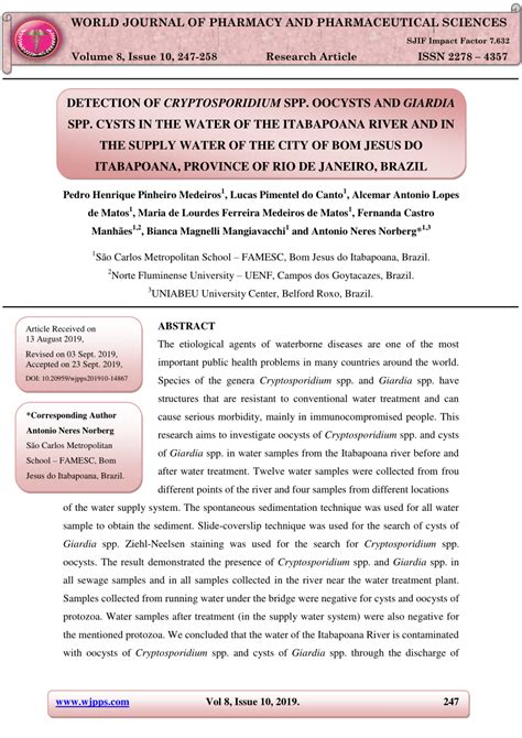 Pdf Detection Of Cryptosporidium Spp Oocysts And Giardia Spp Cysts In The Water Of The