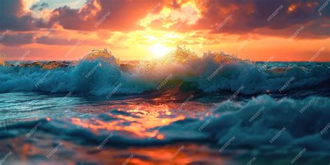 Premium Photo Majestic Sunset At Sea With Water Wave Rolling