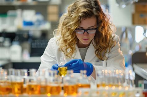 Female Lab Assistant Working With Yellow Liquid In Beakers Premium AI Generated Image
