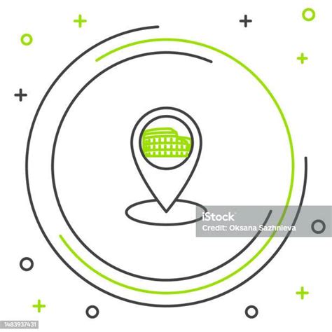 검은색과 초록색 선 로마의 콜로세움이 있는 지도 포인터 이탈리아 아이콘은 흰색 배경에 분리되어 있다 콜로세움 기호입니다 고대 로마의 상징 검투사 싸움 다채로운 개요