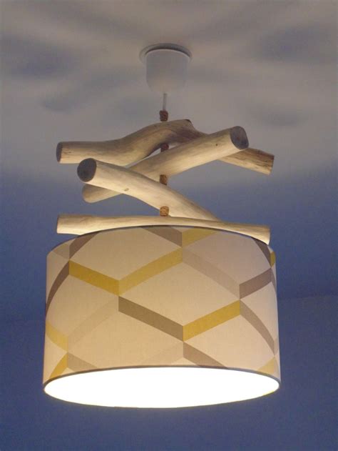 Lustre bois flotté abat jour cylindre 35 cm géométrique scandinave