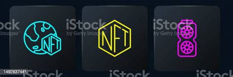 세트 라인 Nft 디지털 암호화 아트 비디오 그래픽 카드 및 검은색 사각형 버튼입니다 벡터 0명에 대한 스톡 벡터 아트 및 기타 이미지 Istock