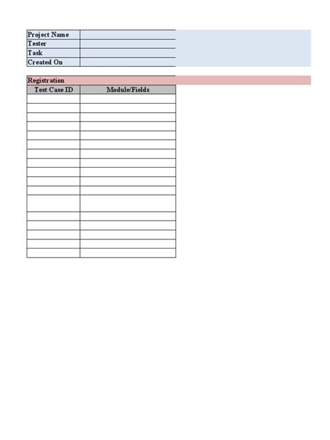 Project Name Tester Task Created On Registration Test Case Id Module