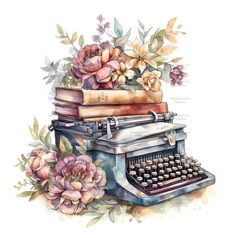Vintage Typewriter With Flowers And Books